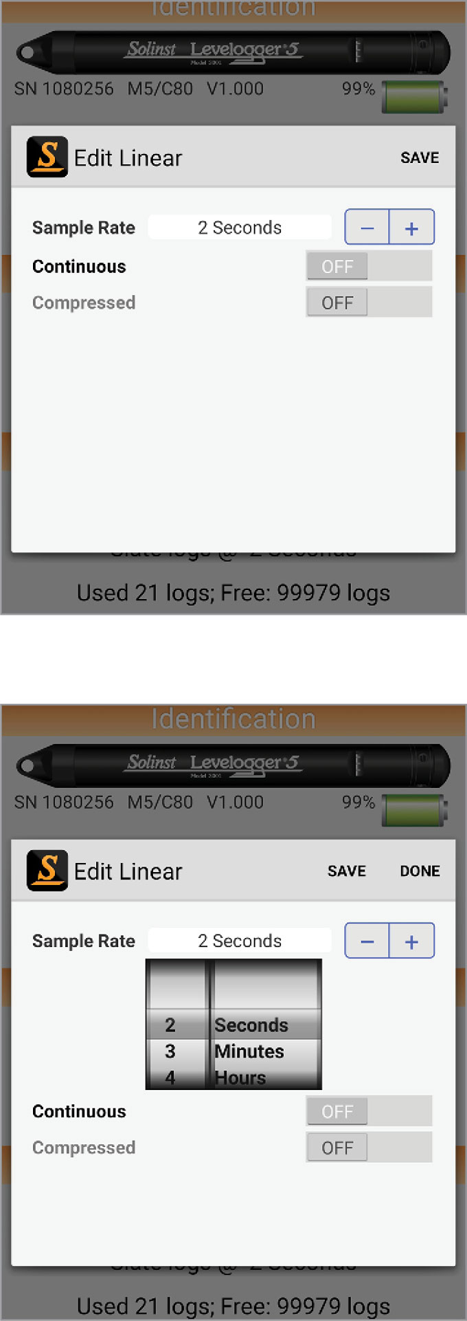 Programación de muestreo lineal de Levelogger 5s