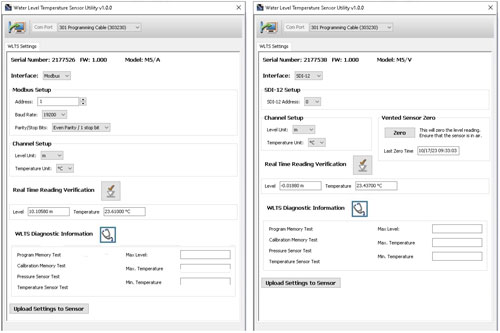 Water Level Temperature Sensor WLTS PC Software Utility - MODBUS and SDI-12