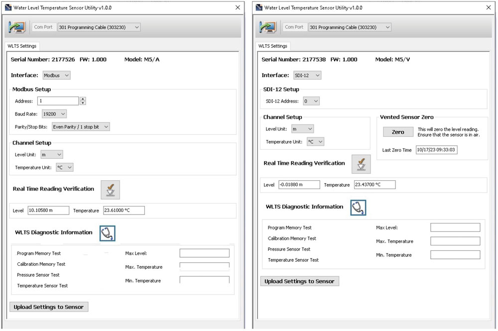 Water Level Temperature Sensor WLTS PC Software Utility - MODBUS and SDI-12