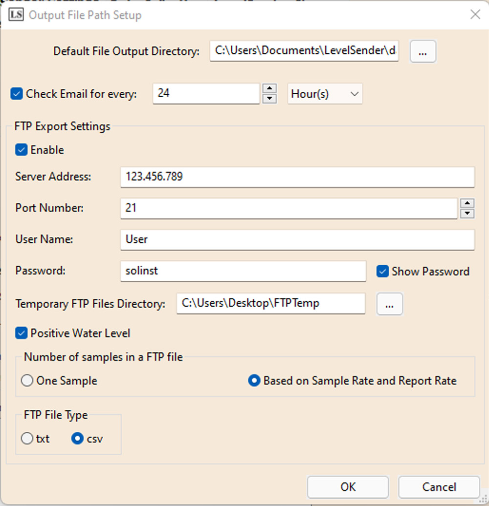 Solinst LevelSender 5: User Guide - 5.5 FTP Export Settings