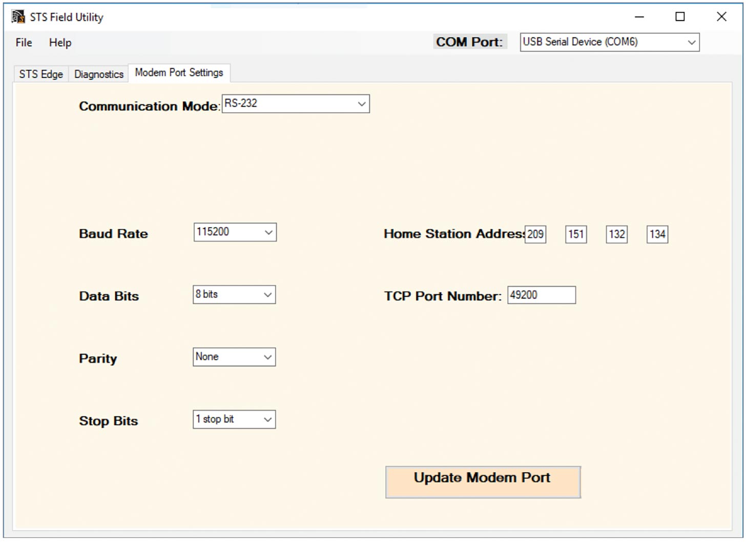 STS Modem Port Settings